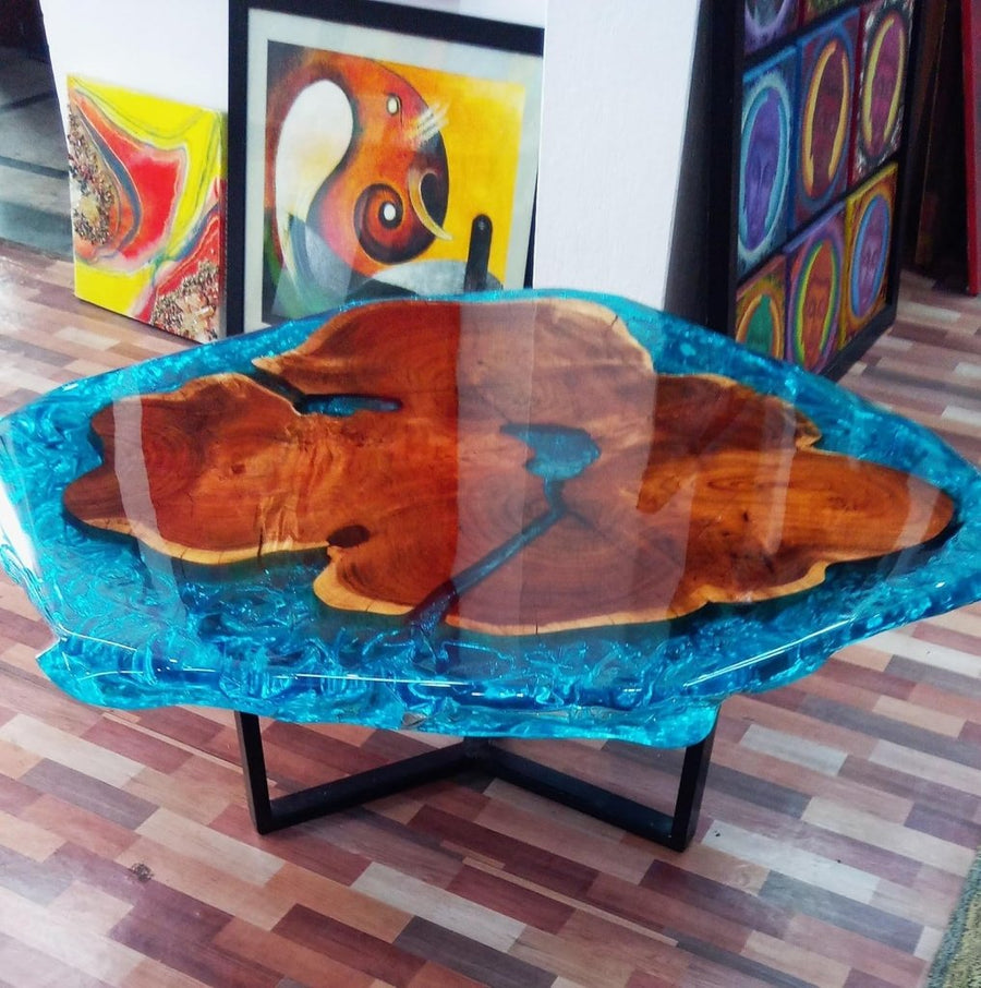 Customized Resin Round Table Top, Blue River Look Epoxy Resin, Coffee ...