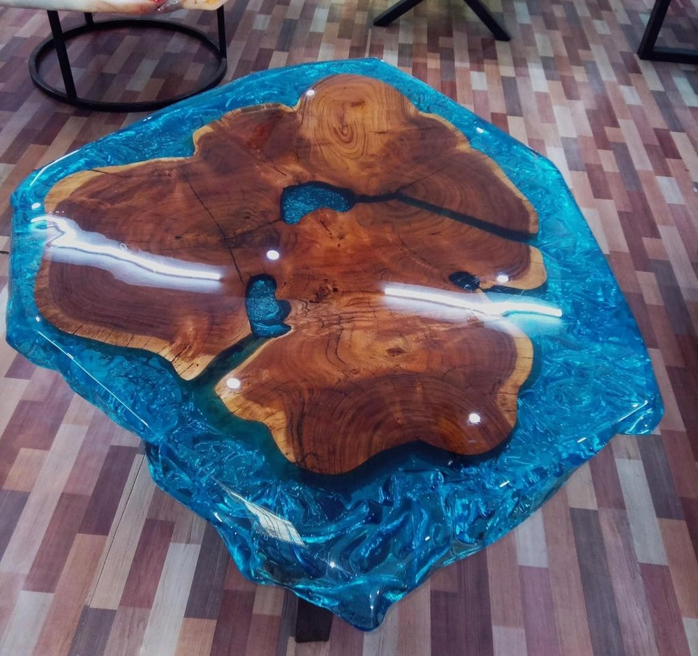 Customized Resin Round Table Top, Blue River Look Epoxy Resin, Coffee ...